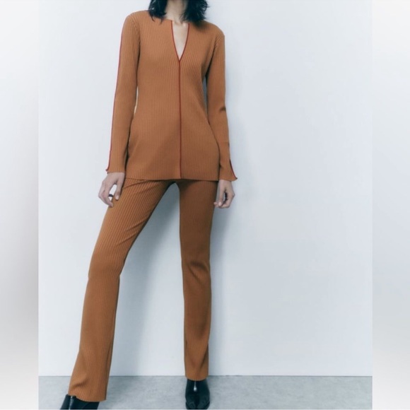 Zara | Pants & Jumpsuits | Nwt Zara Tan Ribbed Matching Set With Red ...